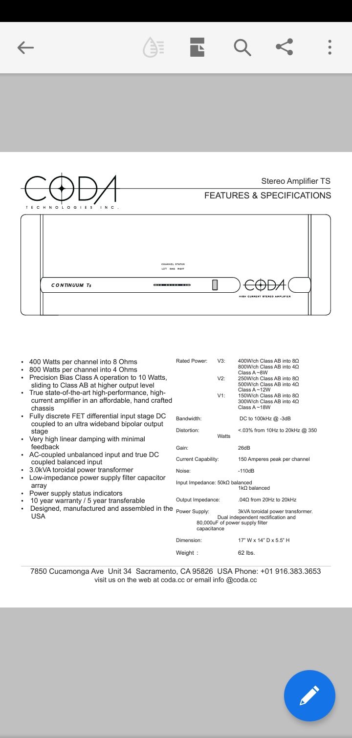 Coda Continuum ts version 3 400w/8 800w... For Sale | Audiogon